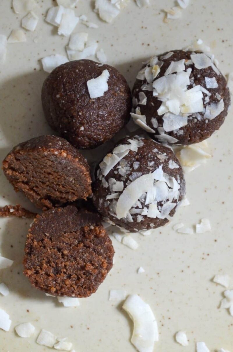 chocolate coconut date balls | feasty travels