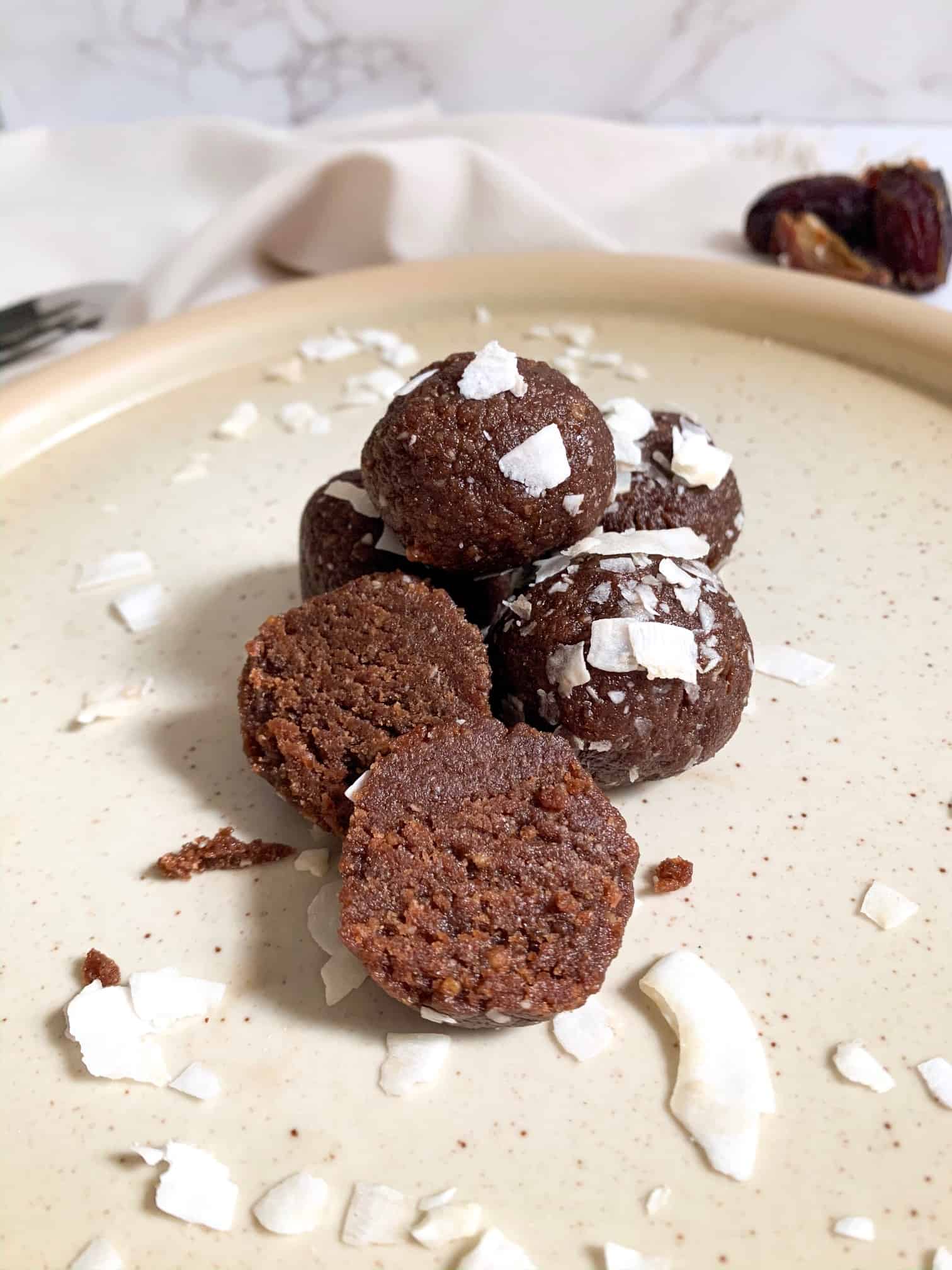 chocolate coconut date balls | feasty travels