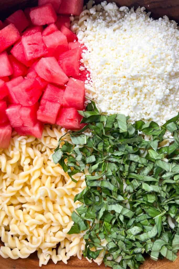 Watermelon Basil Feta Salad with Protein Pasta - Feasty Travels