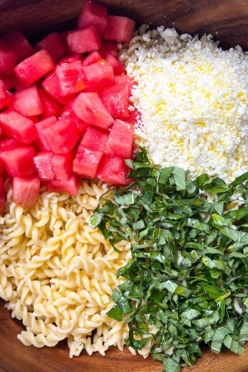 Watermelon Basil Feta Salad with Protein Pasta - Feasty Travels