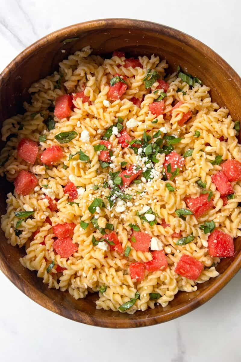 Watermelon Basil Feta Salad with Protein Pasta - Feasty Travels