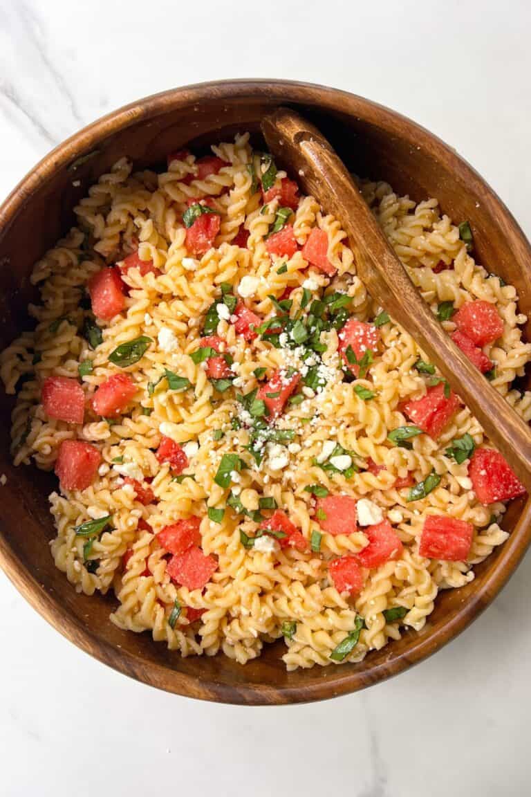 Watermelon Basil Feta Salad with Protein Pasta - Feasty Travels