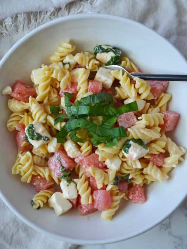 watermelon feta pasta salad (gluten-free friendly) - Feasty Travels