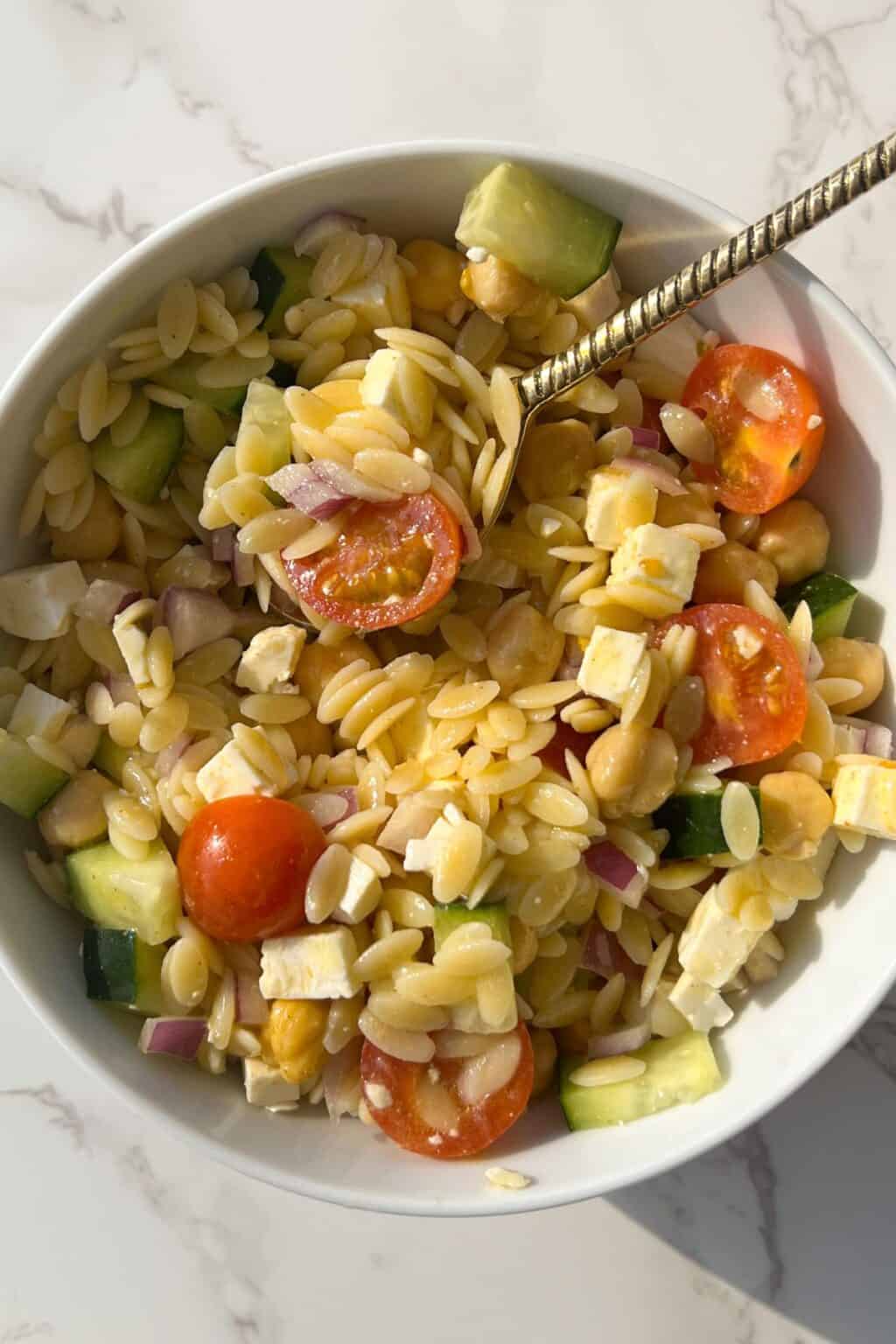 Greek Orzo Pasta Salad with Lemon Dijon Dressing - Feasty Travels