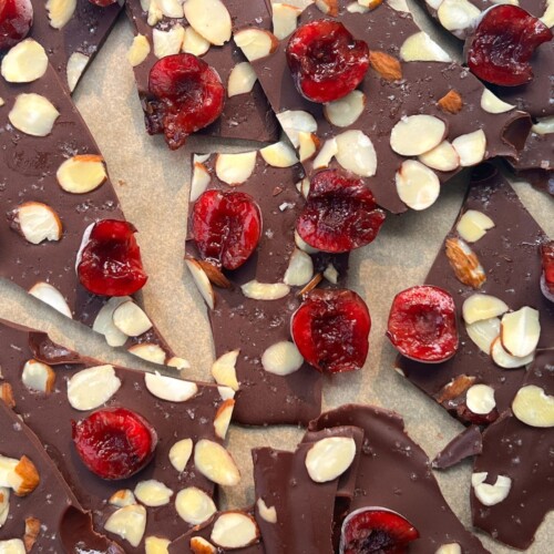 Chocolate Almond Bark with Cherries - Feasty Travels